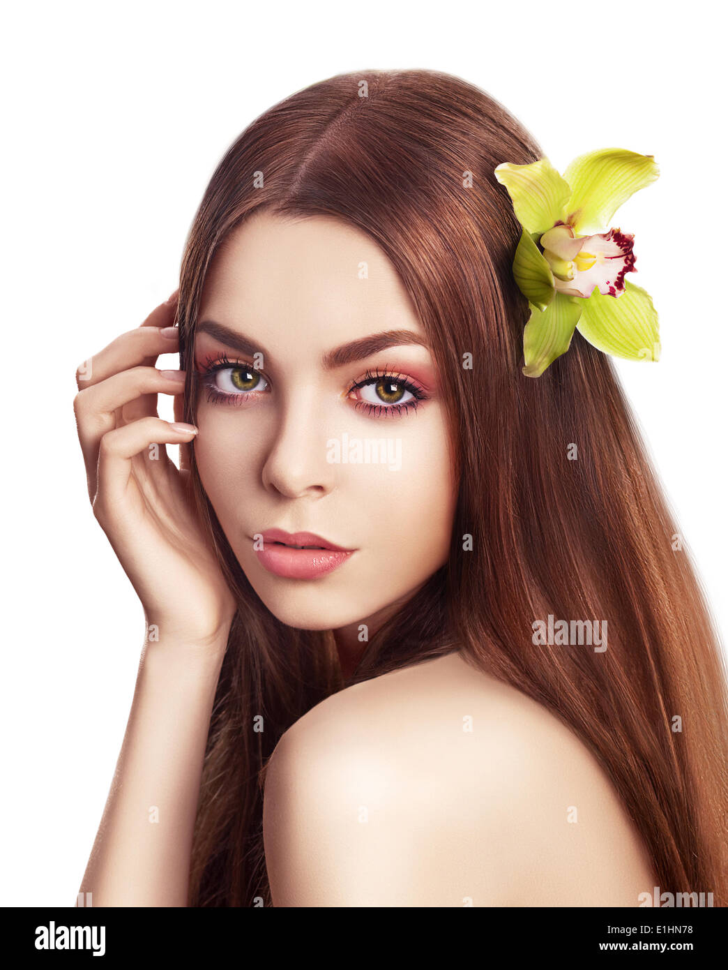 Pampering. Serene Woman with Orchid Fresh Flower in Hair. Tenderness ...