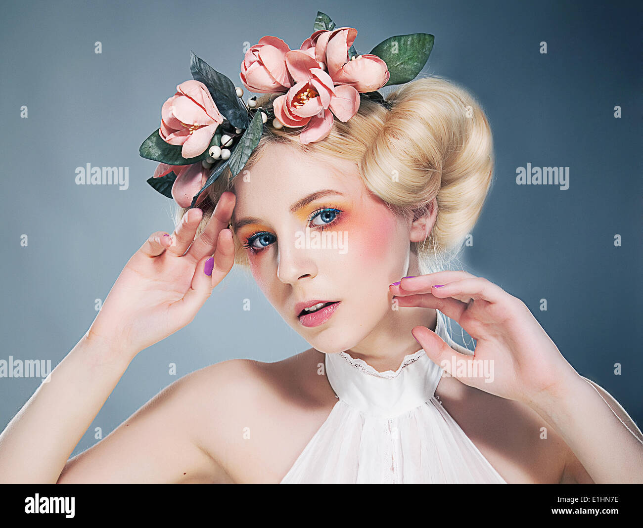 Nostalgia. Portrait of Romantic Blonde with Wreath of Flowers ...