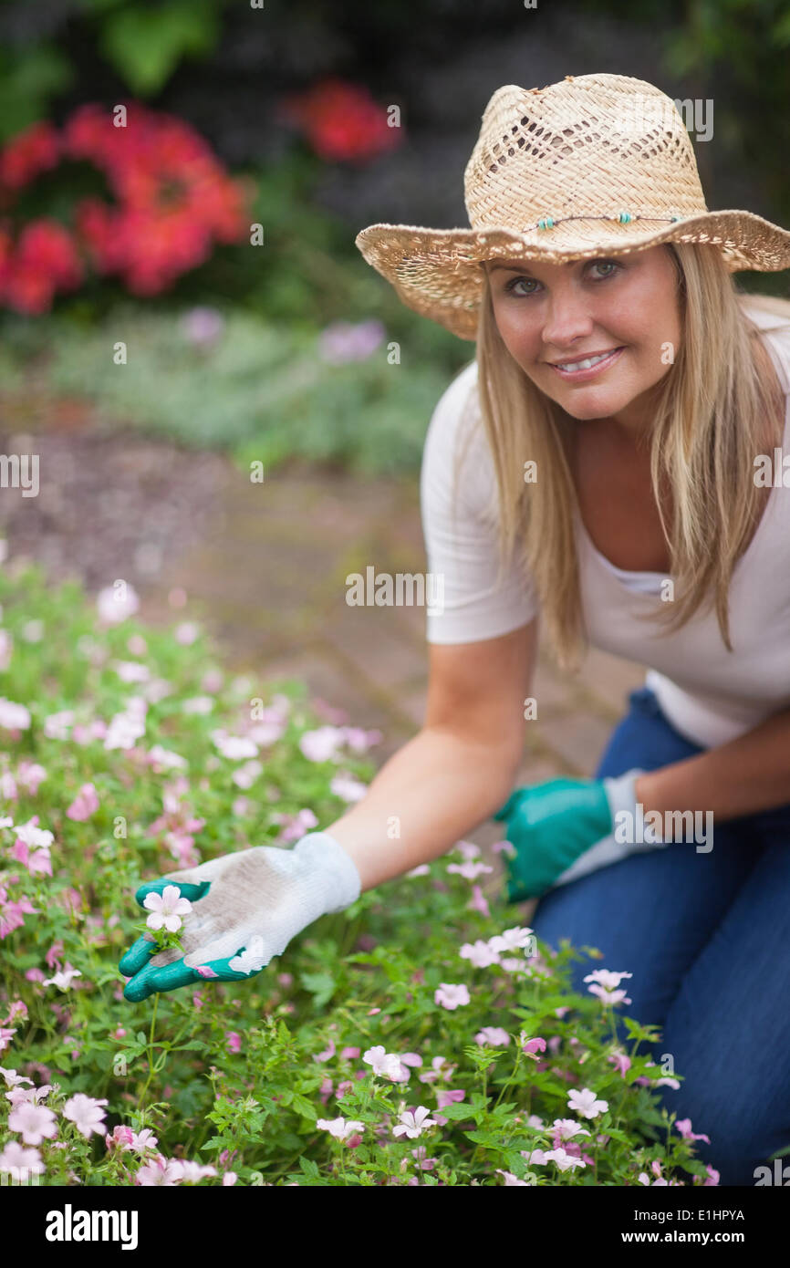 Woman gardening and touching flower Stock Photo - Alamy