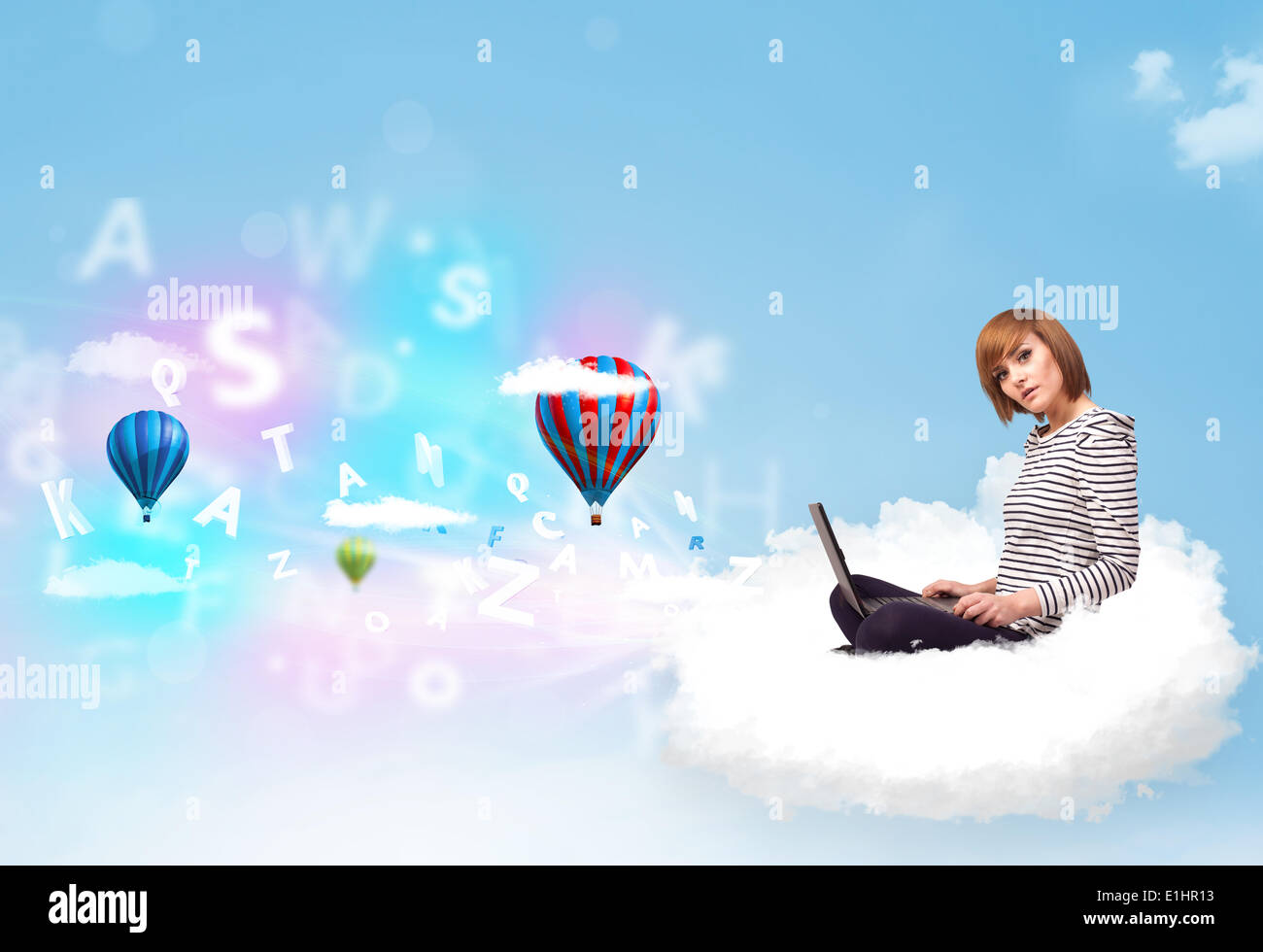 Young woman sitting in cloud with laptop Stock Photo - Alamy