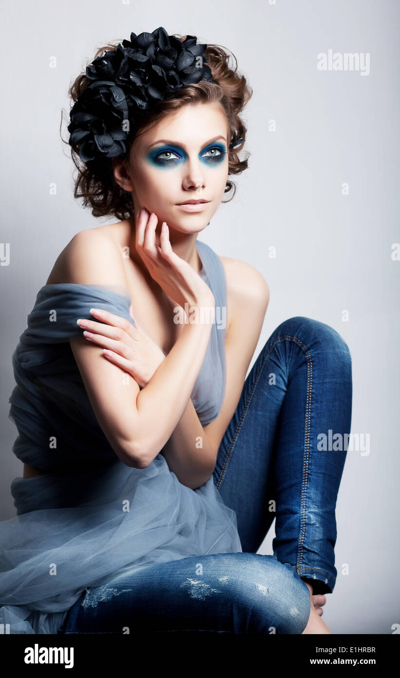 Creative woman face - bright color makeup. Fashion conceptual style ...