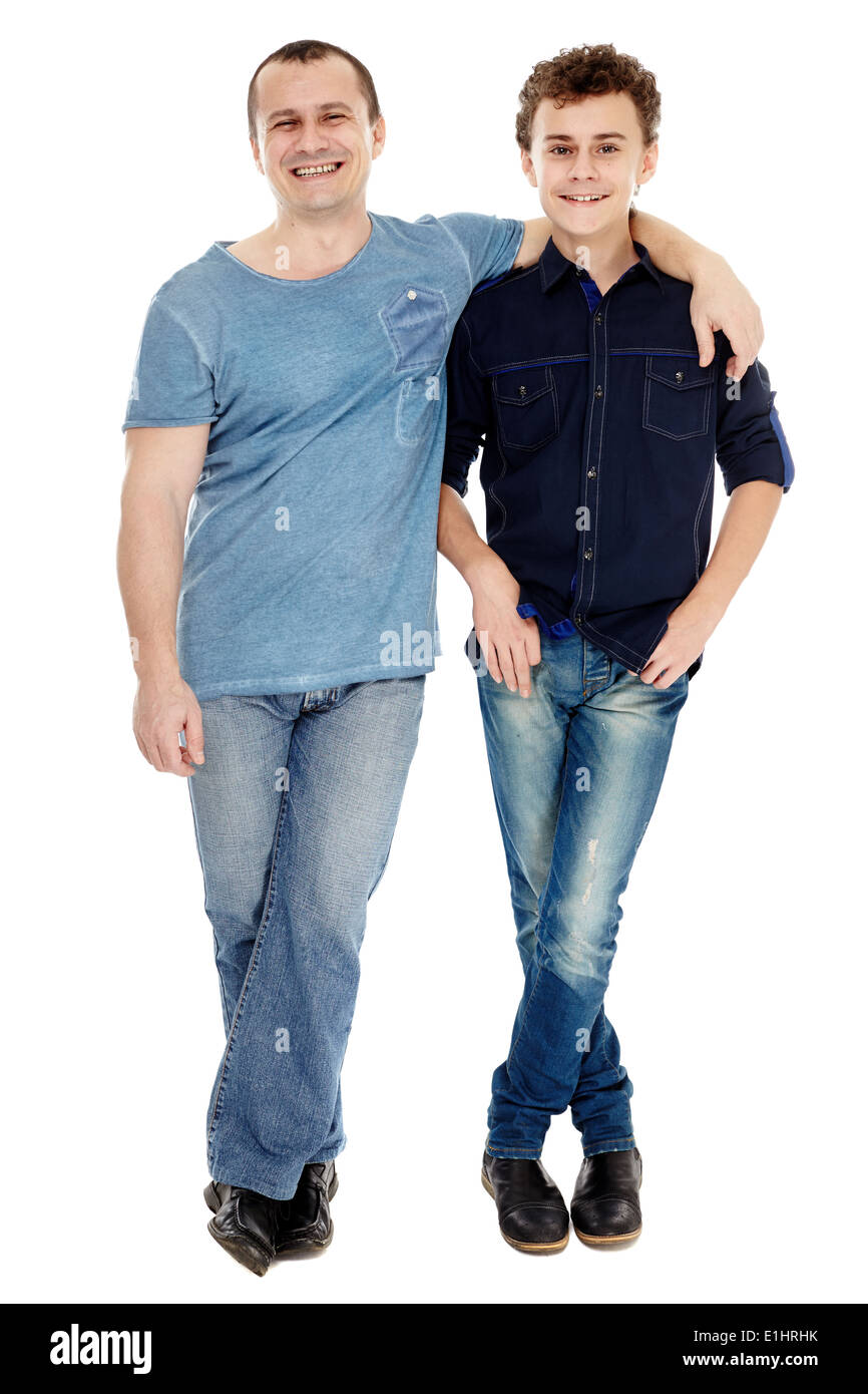Full length studio shot of happy father and son, isolated over white ...