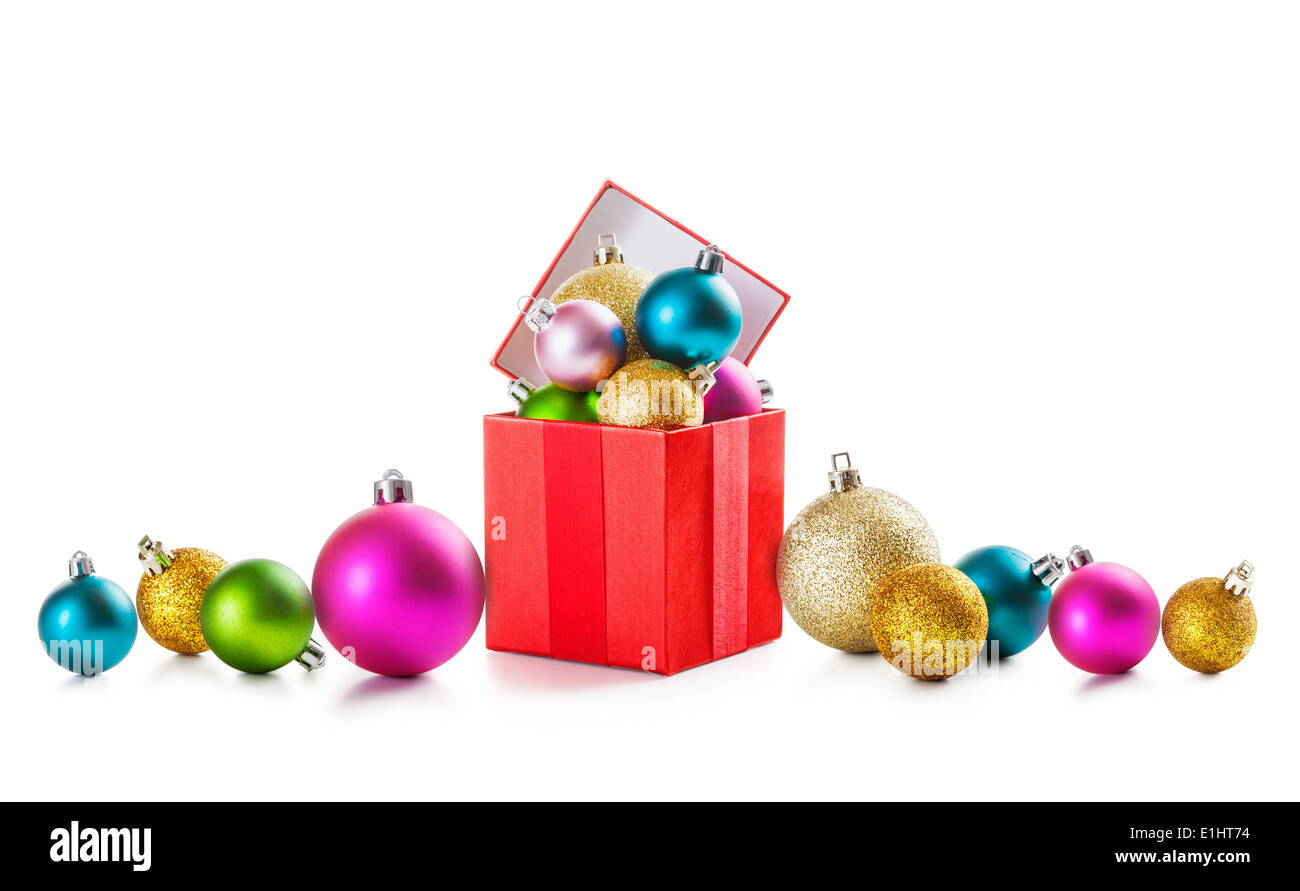 Colorful christmas border with gift box and baubles on white background ...