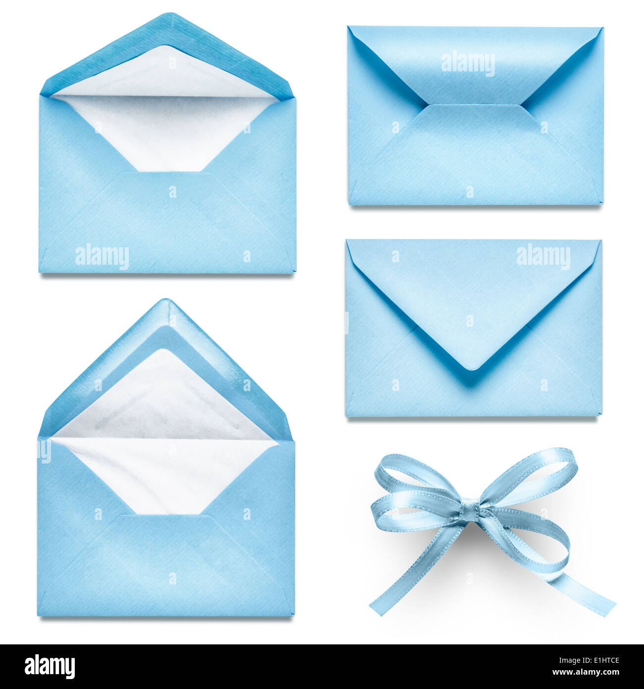 Light blue envelopes with bow ribbon collection isolated on white ...