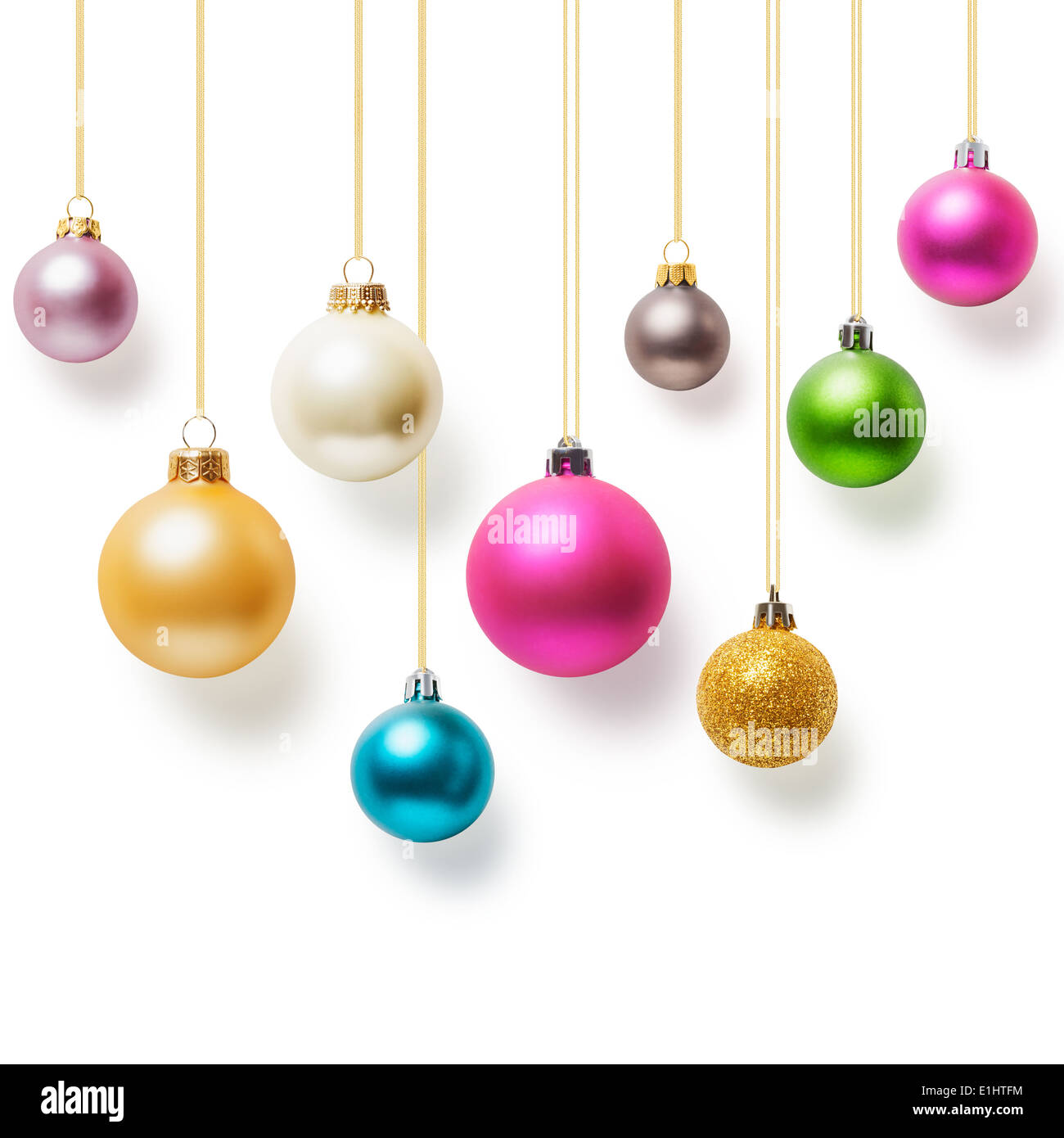 Christmas balls hanging with gold ribbon collection on white background ...