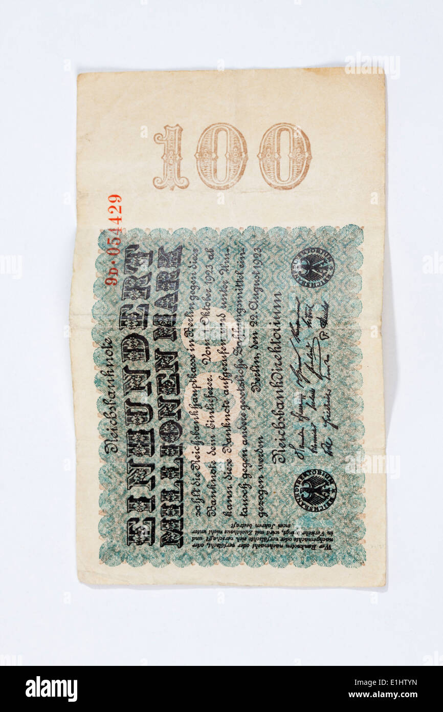 One hundred million German Reichsmark note from the 1920s Stock Photo ...