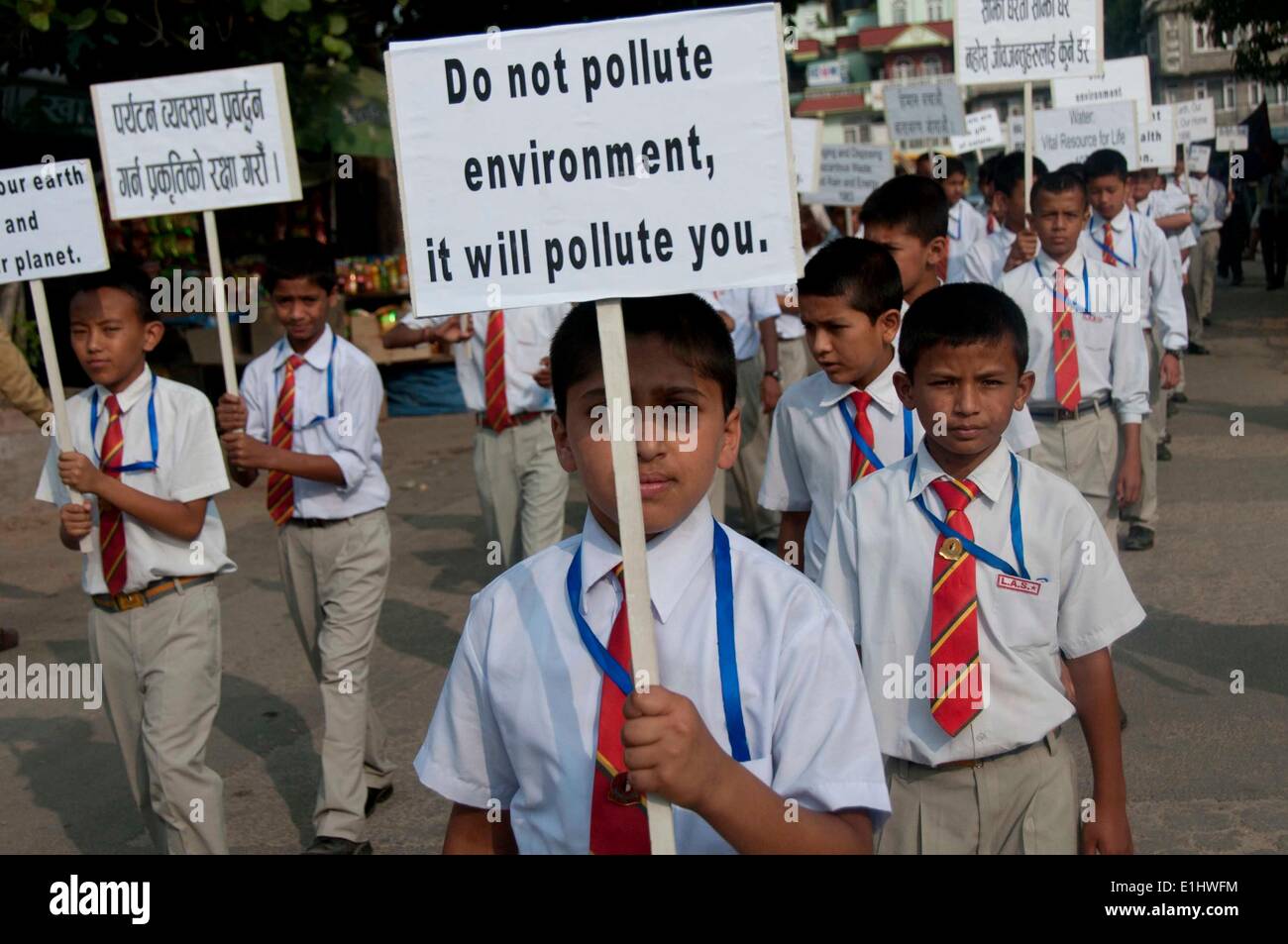 Kathmandu, Nepal. 5th June, 2014. Students hold placards written ...