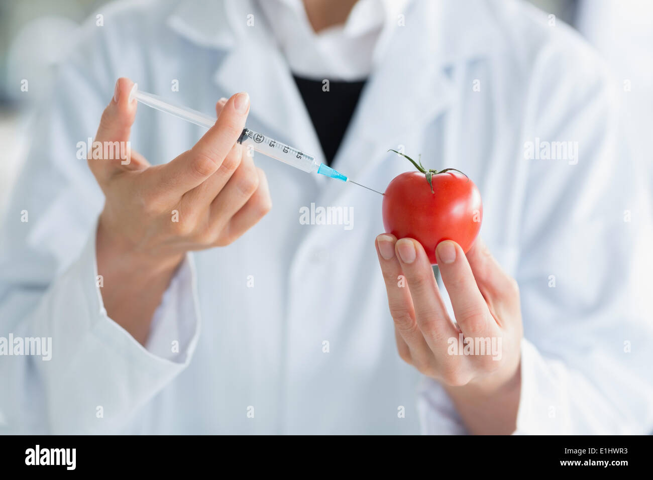 Woman injecting liquid in tomato Stock Photo - Alamy