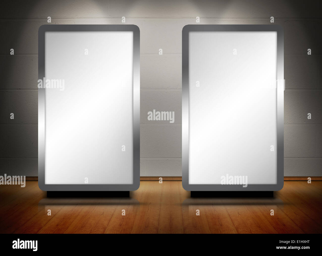 Two blank screens standing on wooden floor Stock Photo - Alamy