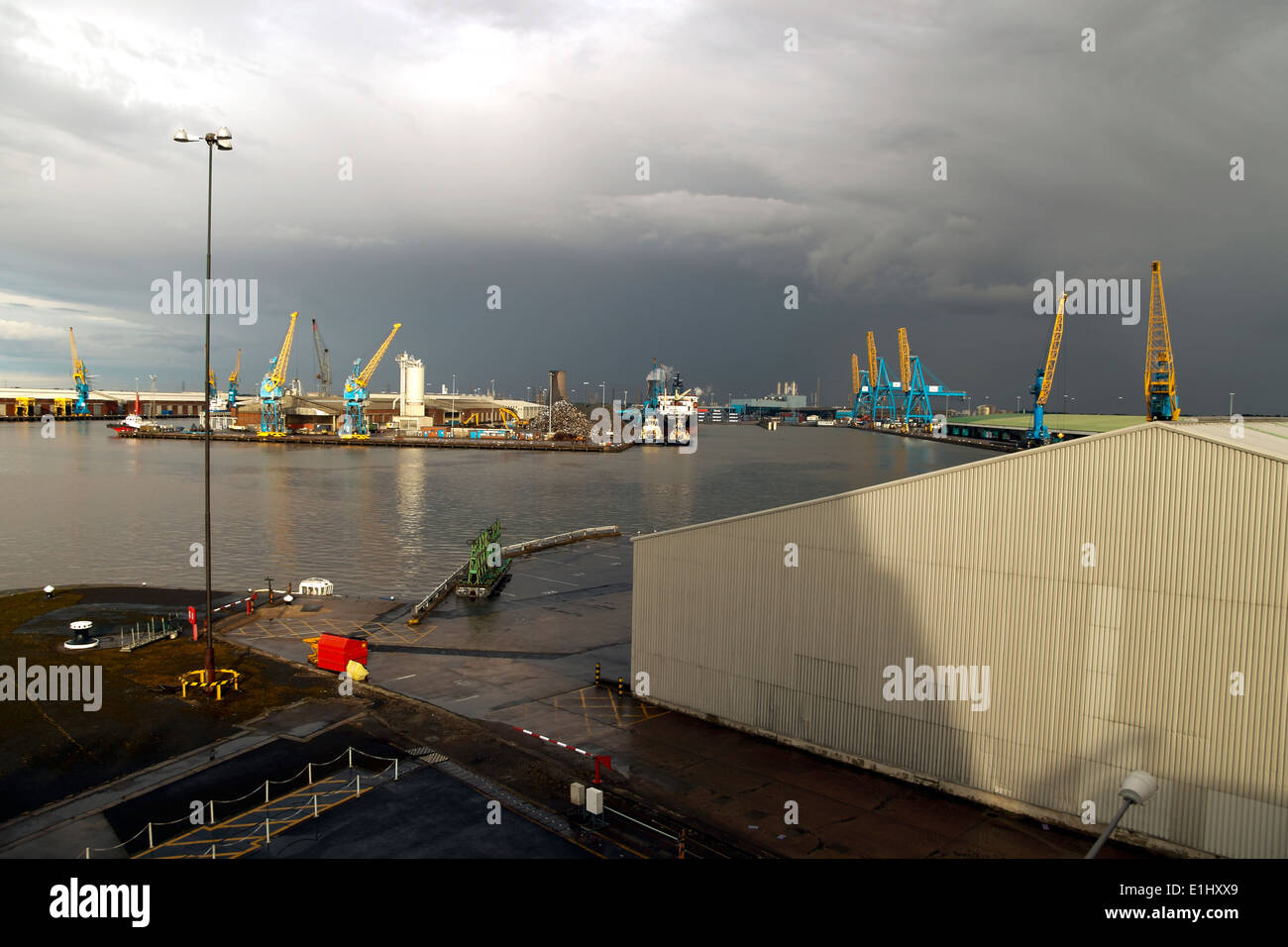 Hull Docks and quayside warehouse, taken from a North Sea ferry, East ...