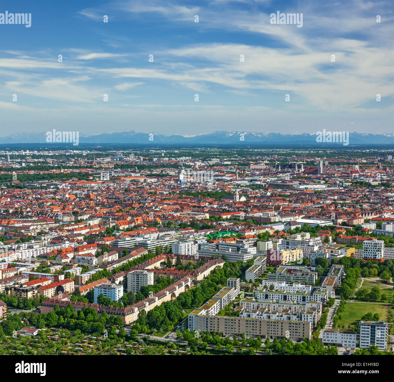Aerial view of Munich from Olympiaturm (Olympic Tower). Munich, Bavaria ...
