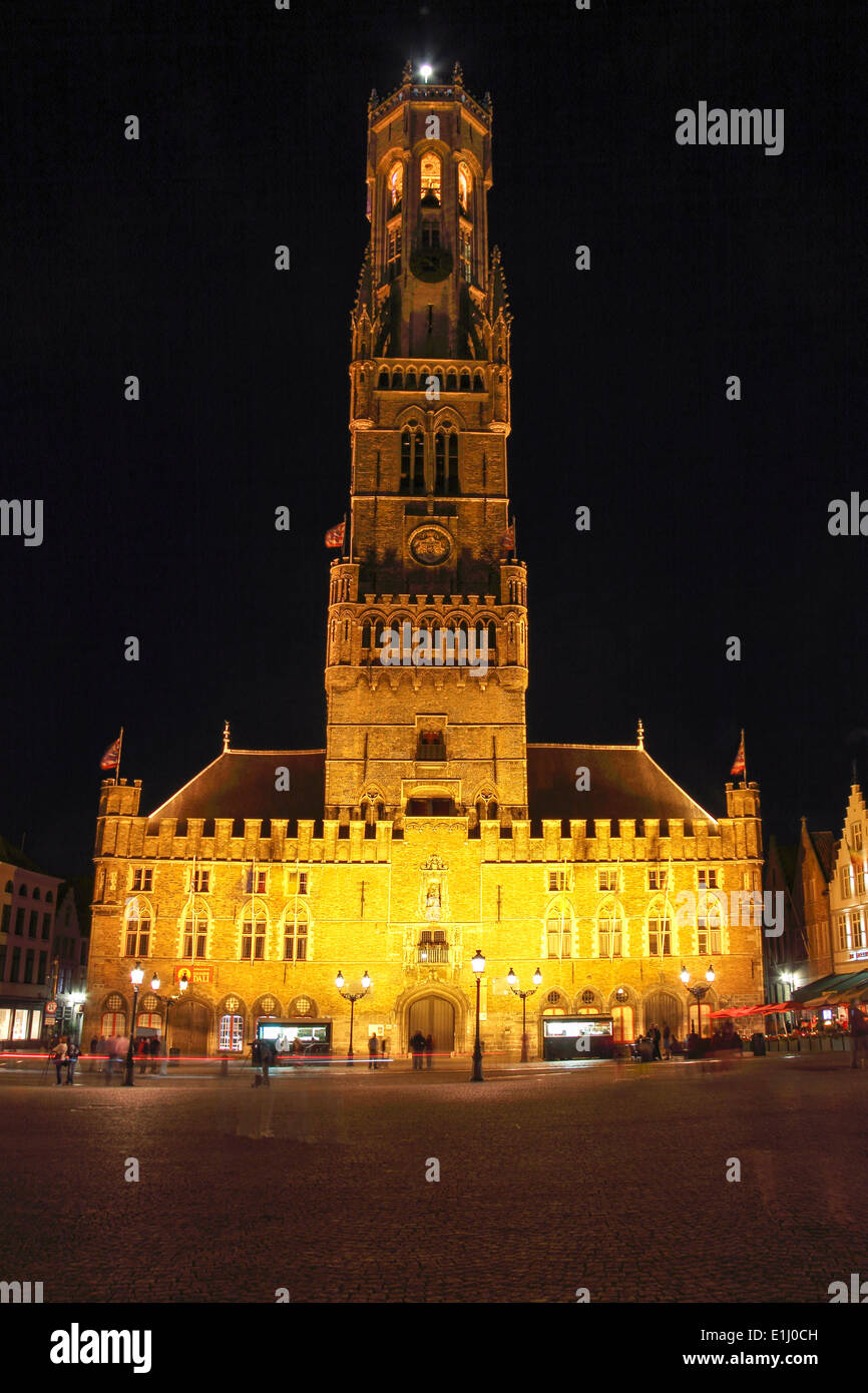 The Belfry or Belfort tower, lit up at night, medieval bell tower ...