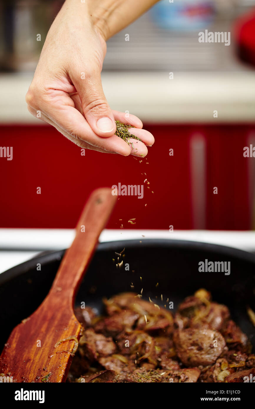 Woman cook hand sprinkling ground spices (thyme and basil) over a pan ...