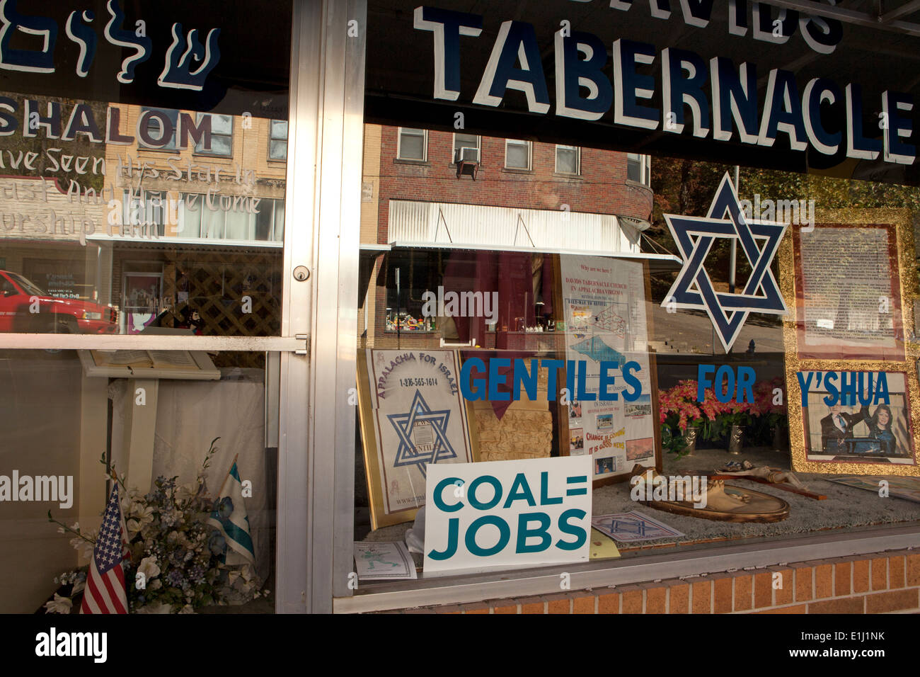 Jewish shop window with sign supporting coal industry, Appalachia, Wise ...
