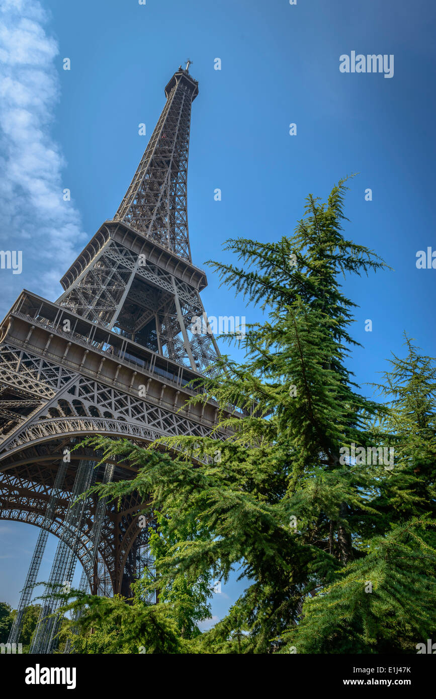 Eiffel Tower shot from a low angle from one of the pillars in Paris ...