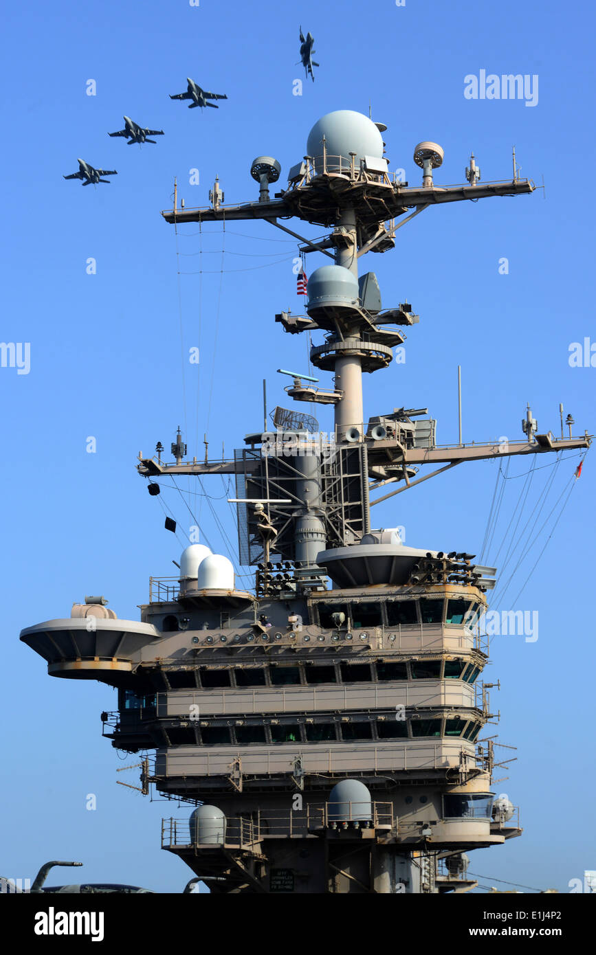 U.S. Navy F/A-18 Hornet aircraft break formation above the aircraft ...
