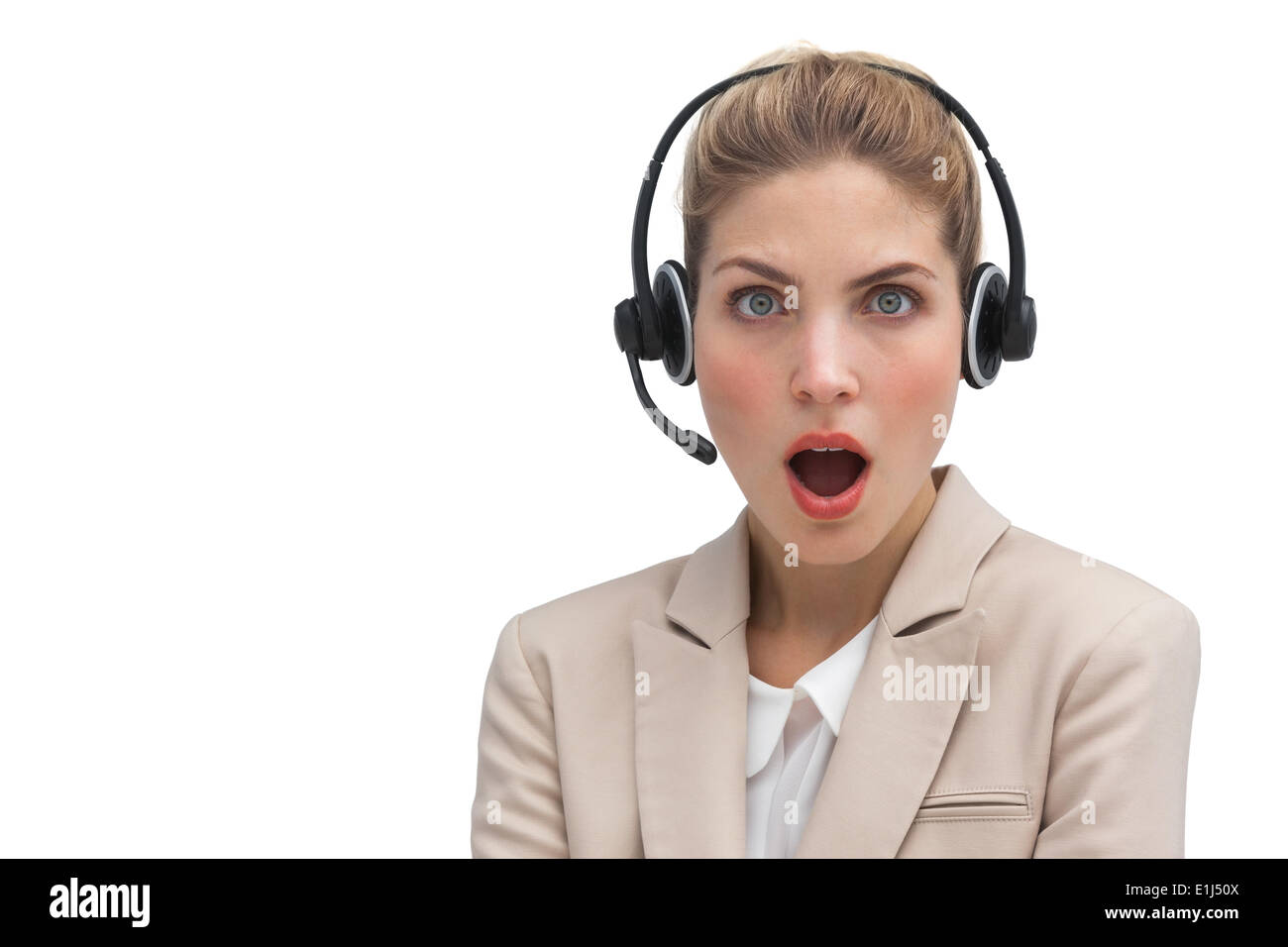 Surprised call center agent with mouth open Stock Photo - Alamy