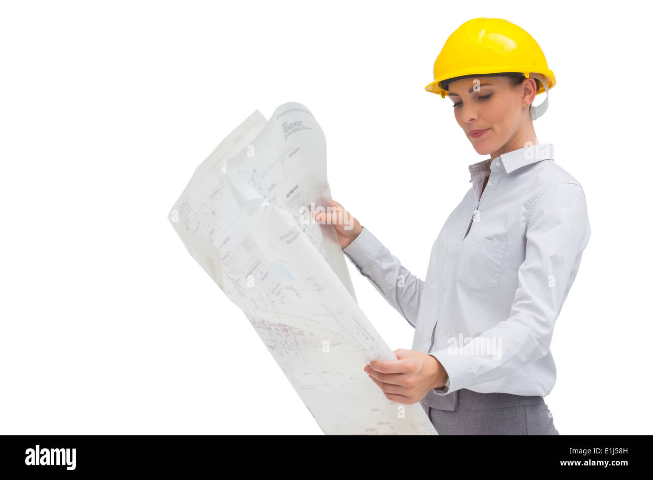 Smiling architect with blueprint Stock Photo - Alamy