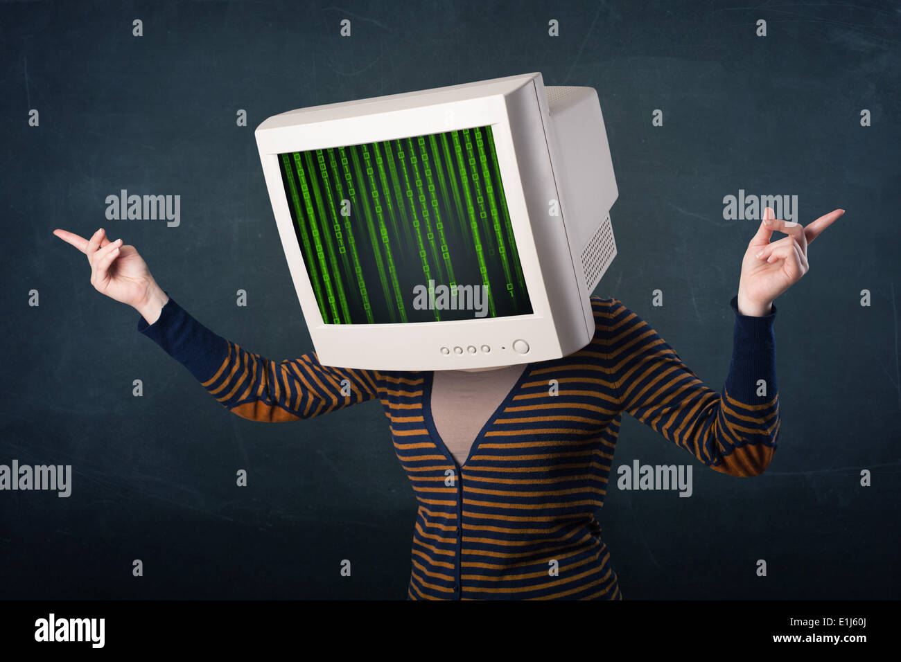 Cyber human with a monitor screen and computer code on the display ...