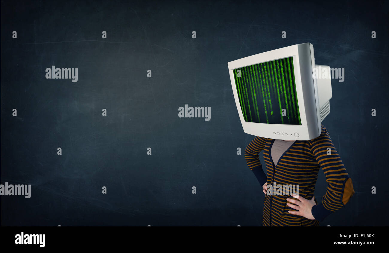 Cyber human with a monitor screen and computer code on the display ...