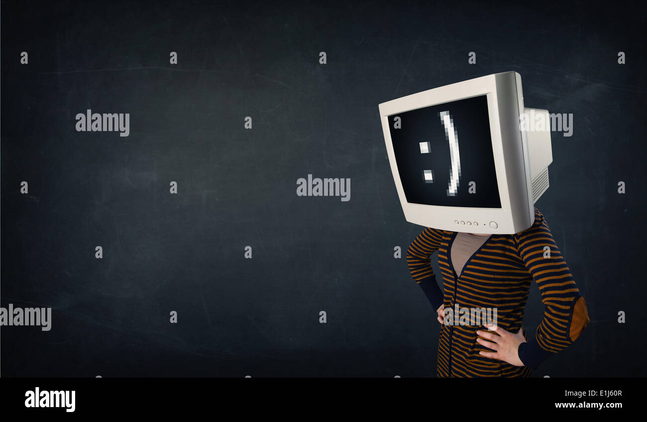 Funny girl with a monitor box on her head and a smiley face Stock Photo ...