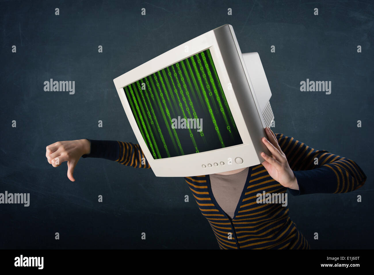 Cyber human with a monitor screen and computer code on the display ...