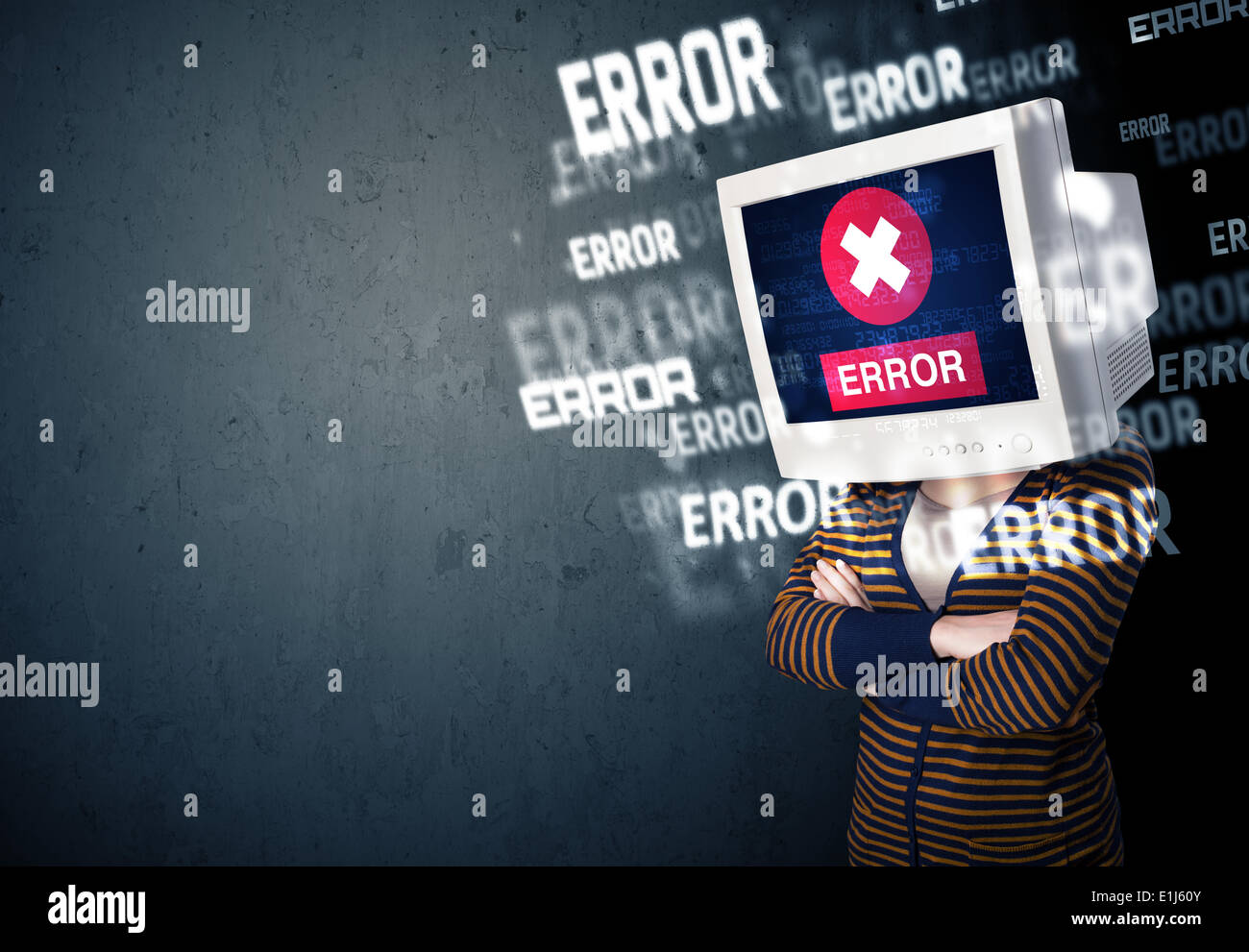 Female monitor head with error signs on the display screen Stock Photo ...