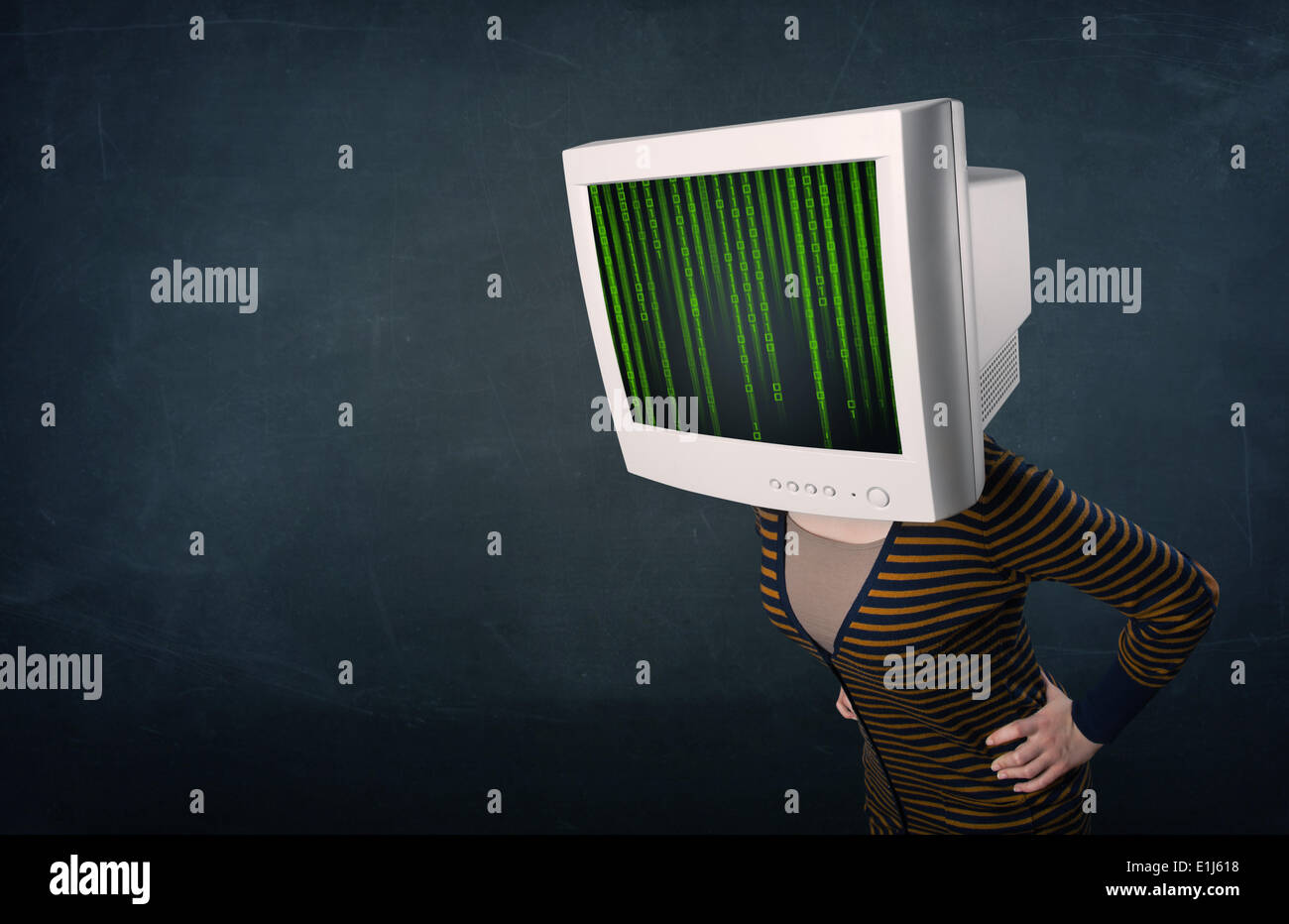 Cyber human with a monitor screen and computer code on the display ...