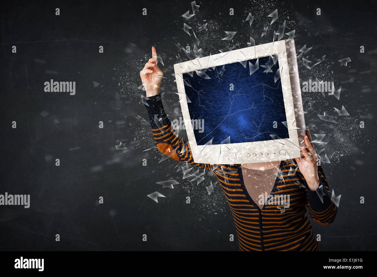 Computer monitor screen exploding on a young persons head Stock Photo ...