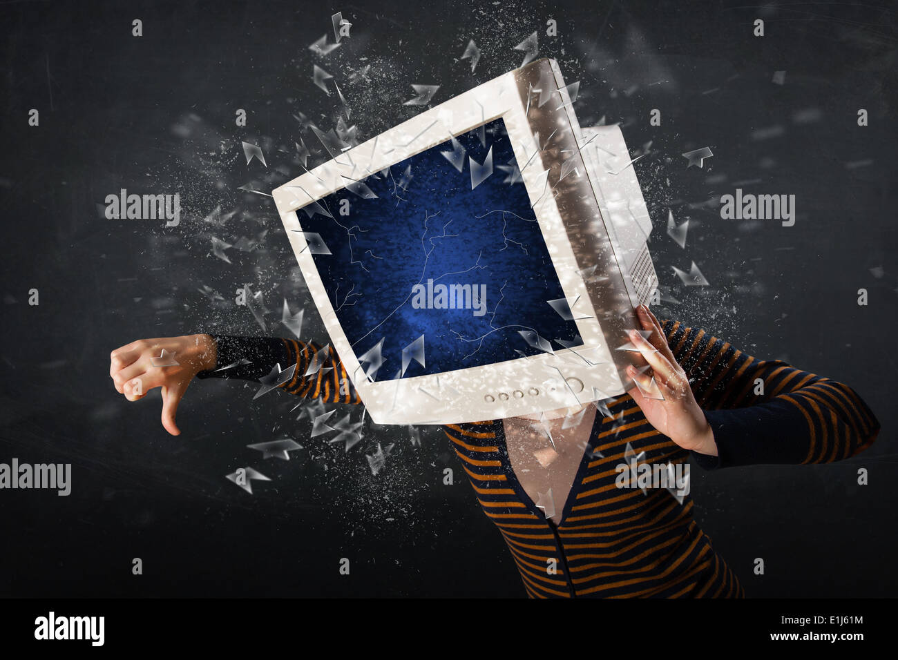 Computer monitor screen exploding on a young persons head Stock Photo ...