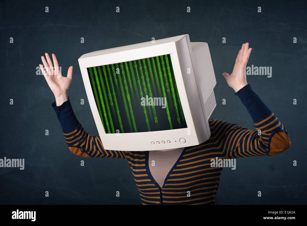 Cyber human with a monitor screen and computer code on the display ...