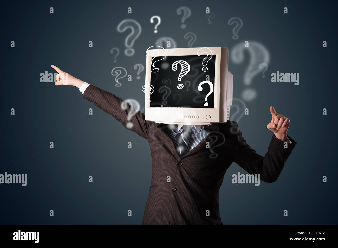 Businessman with a computer monitor head and question marks Stock Photo ...