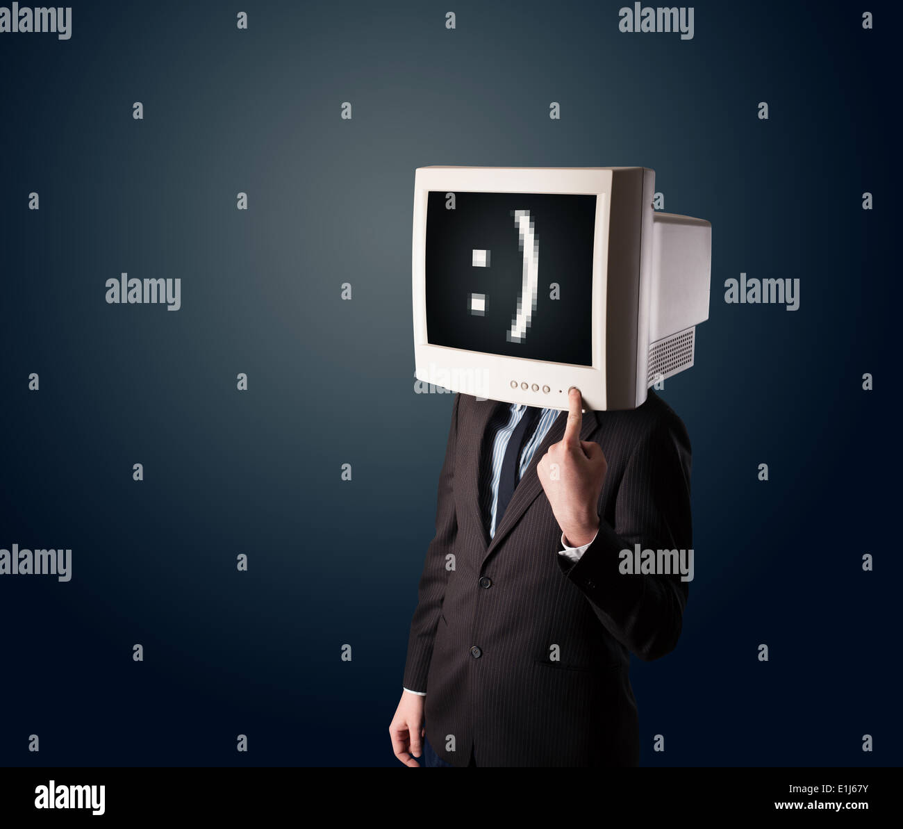 Funny young businessman with a monitor on his head and smiley on the ...