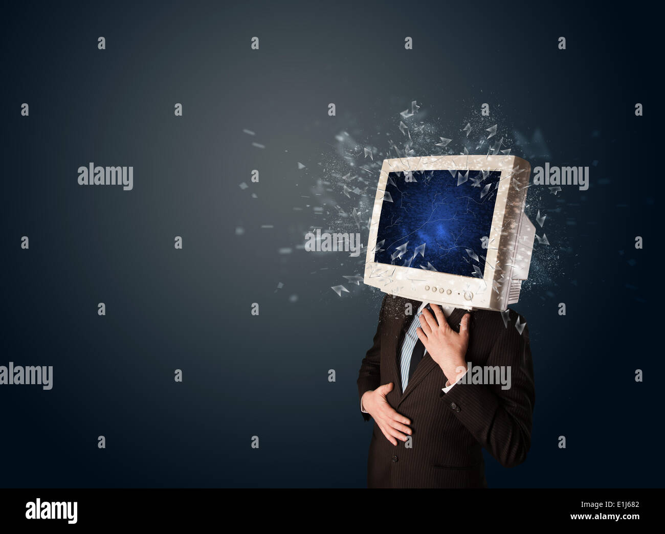 Computer monitor screen exploding on a young persons head Stock Photo ...