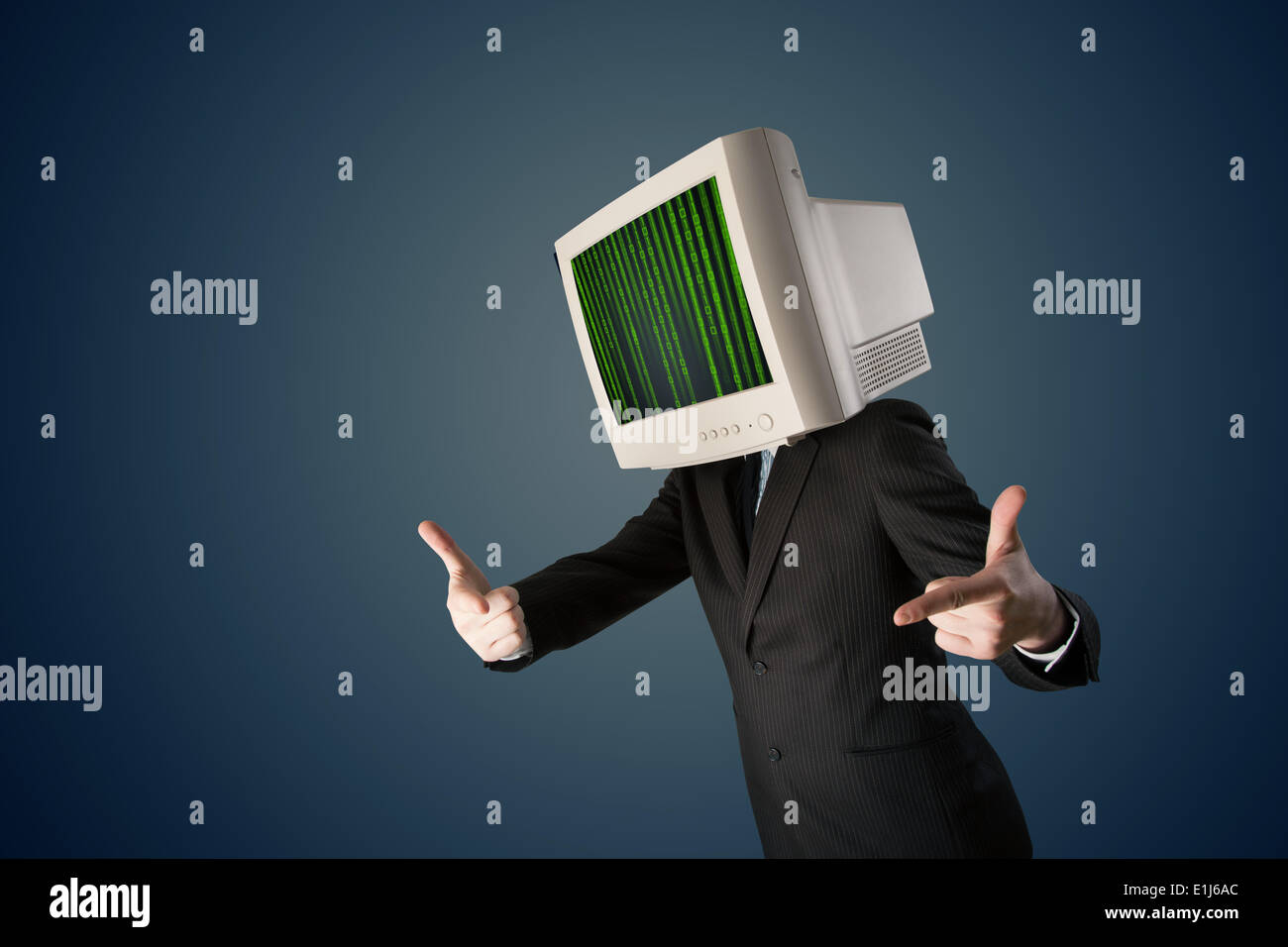 Cyber human with a monitor screen and computer code on the display ...