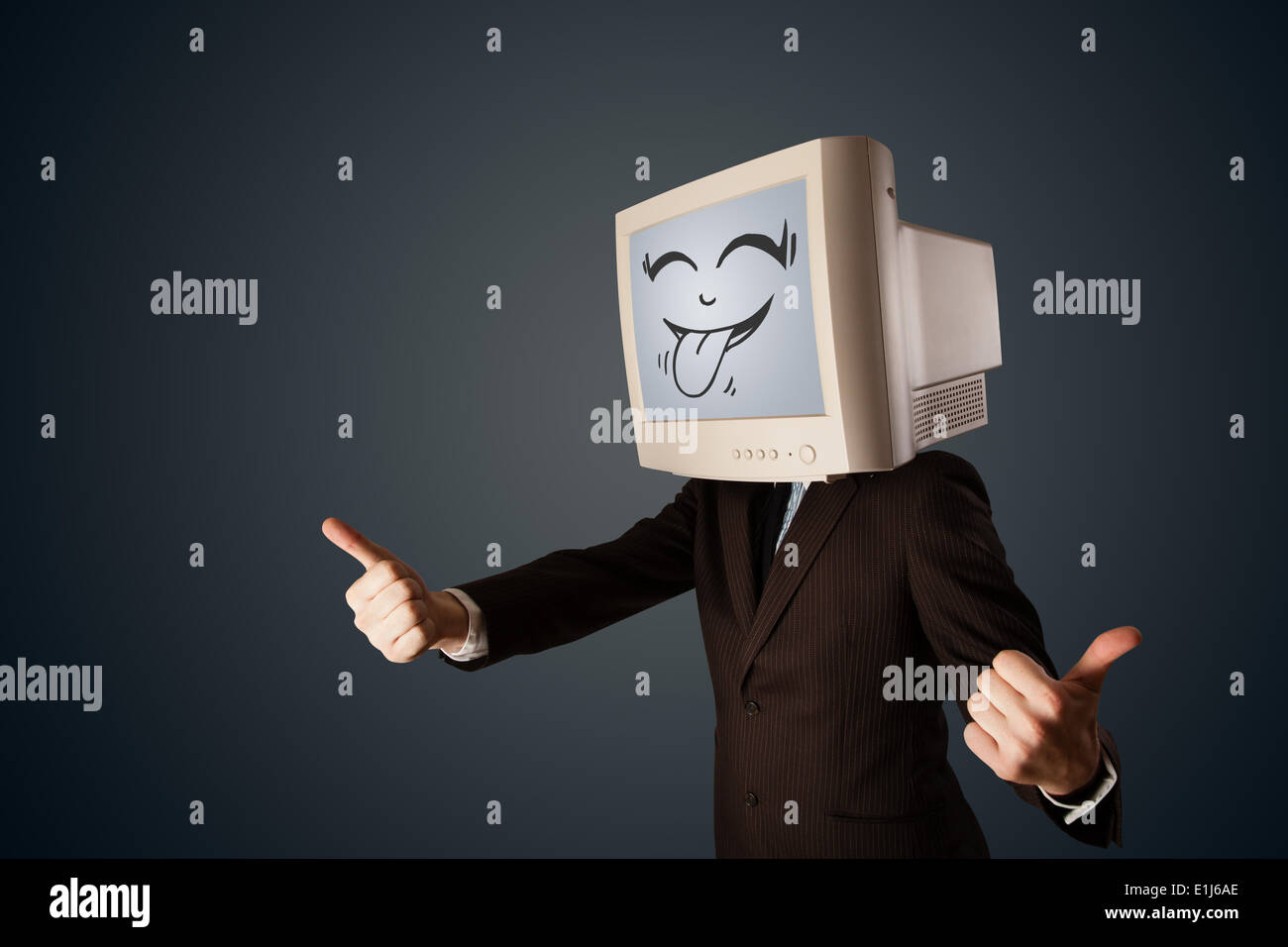Happy business man with a computer monitor and a smiley face Stock ...