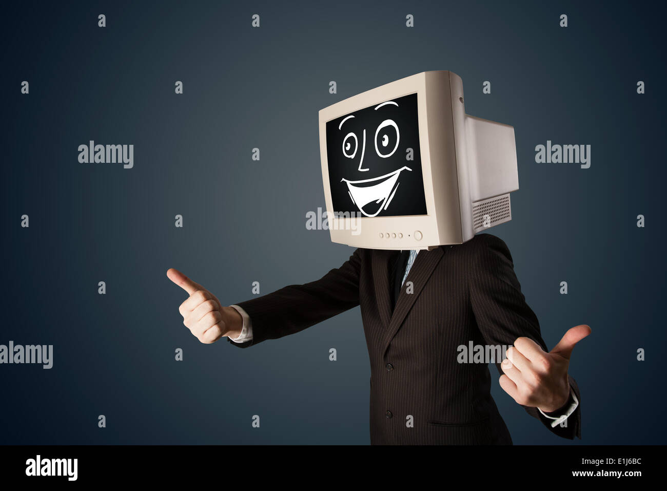 Happy businessman with a PC monitor head and a smiley face Stock Photo ...