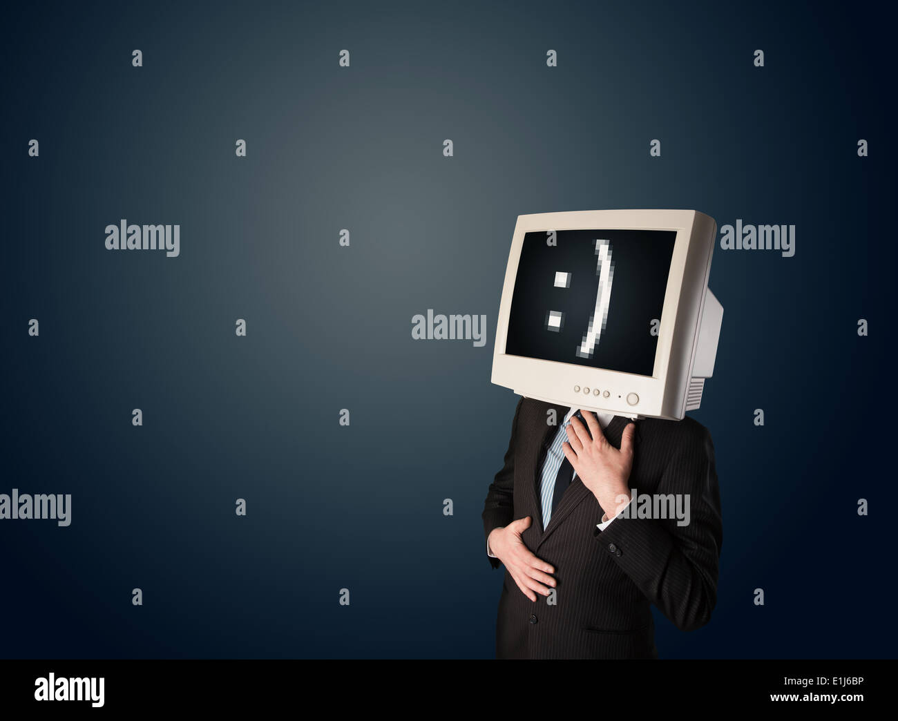 Funny young businessman with a monitor on his head and smiley on the ...