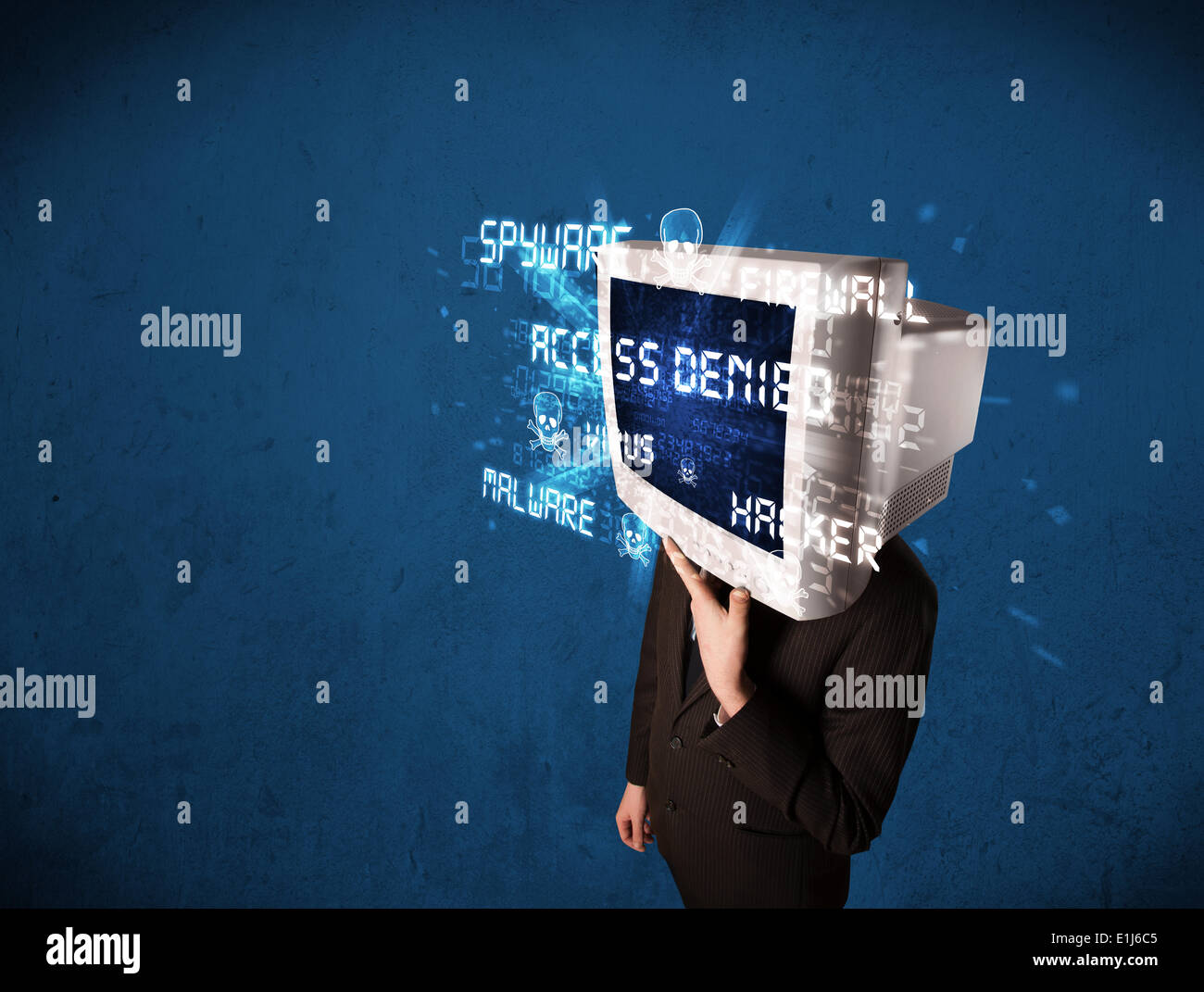 Monitor head person with hacker type of signs on the screen Stock Photo ...