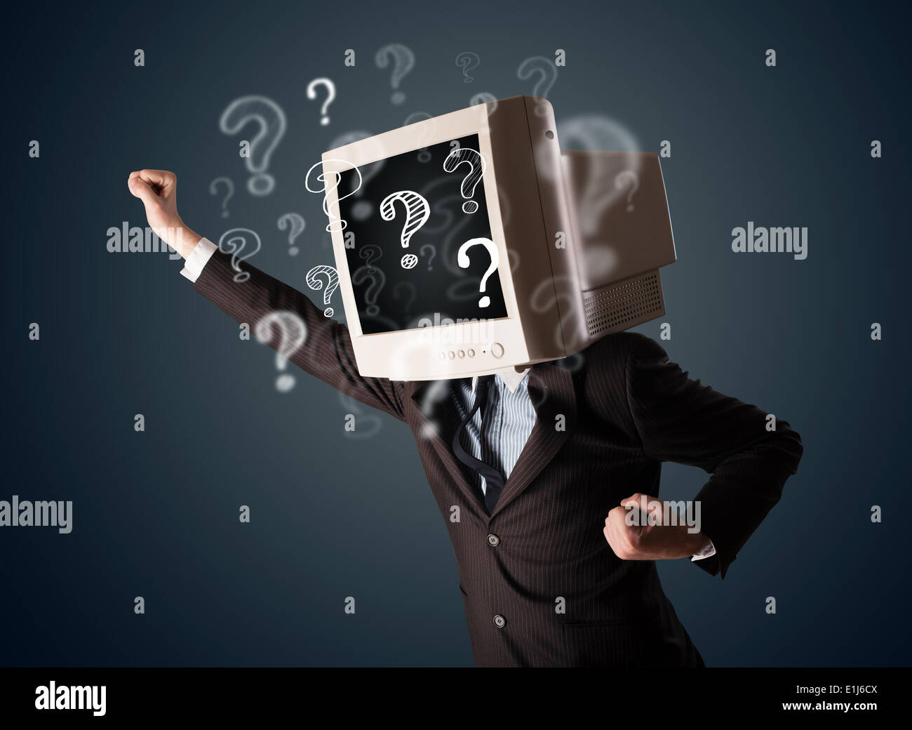 Businessman with a computer monitor head and question marks Stock Photo ...