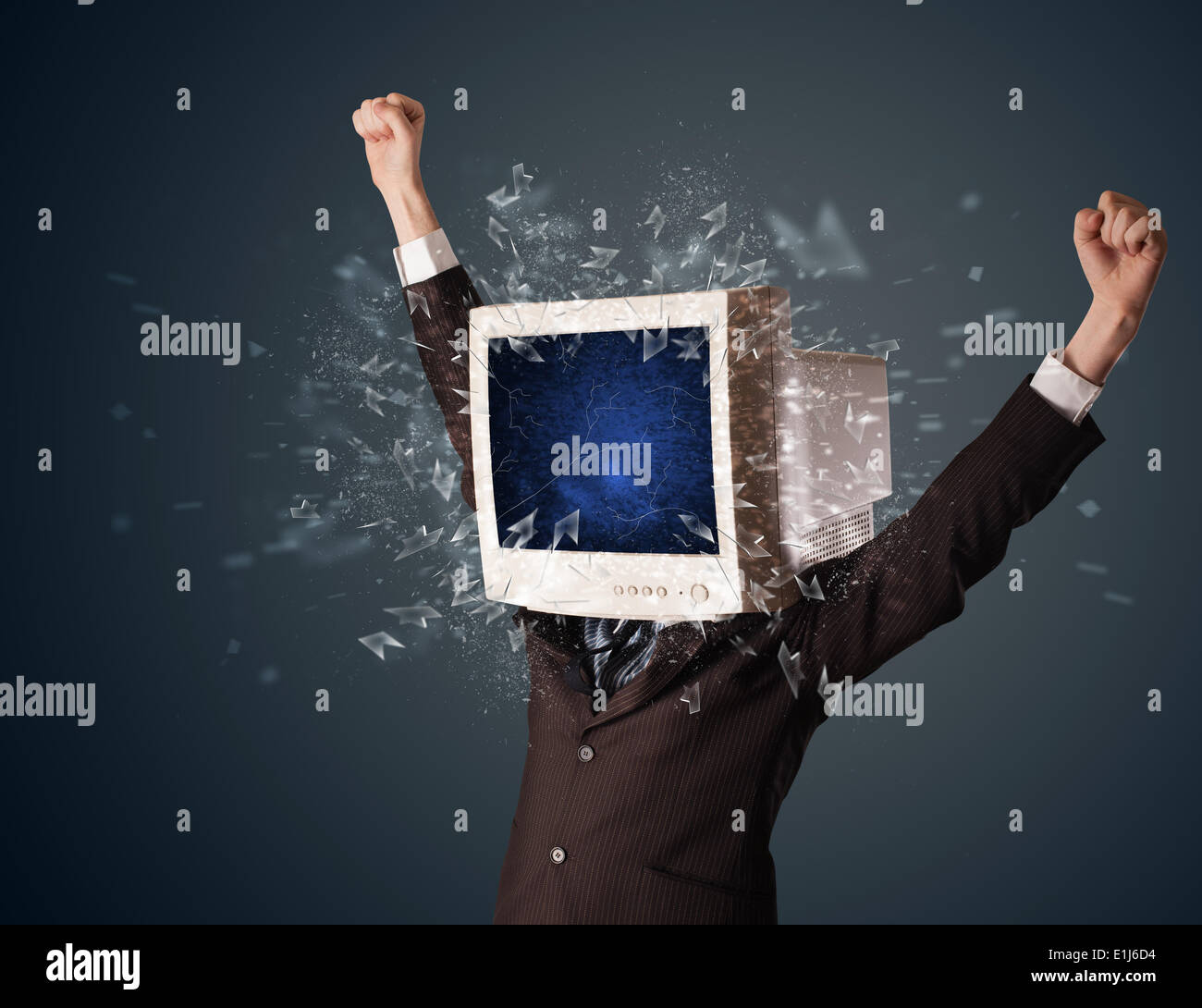 Computer monitor screen exploding on a young persons head Stock Photo ...