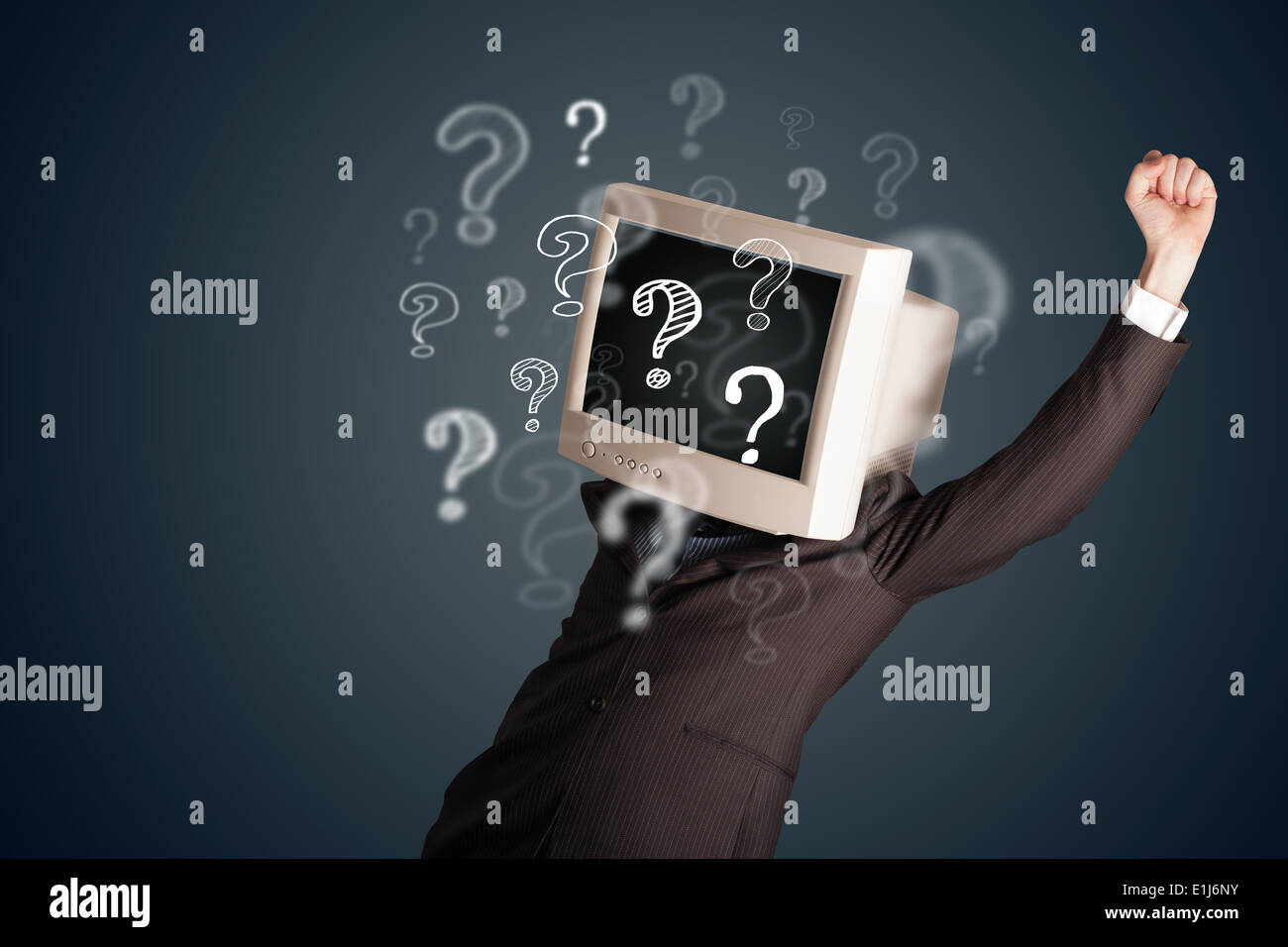 Businessman with a computer monitor head and question marks Stock Photo ...