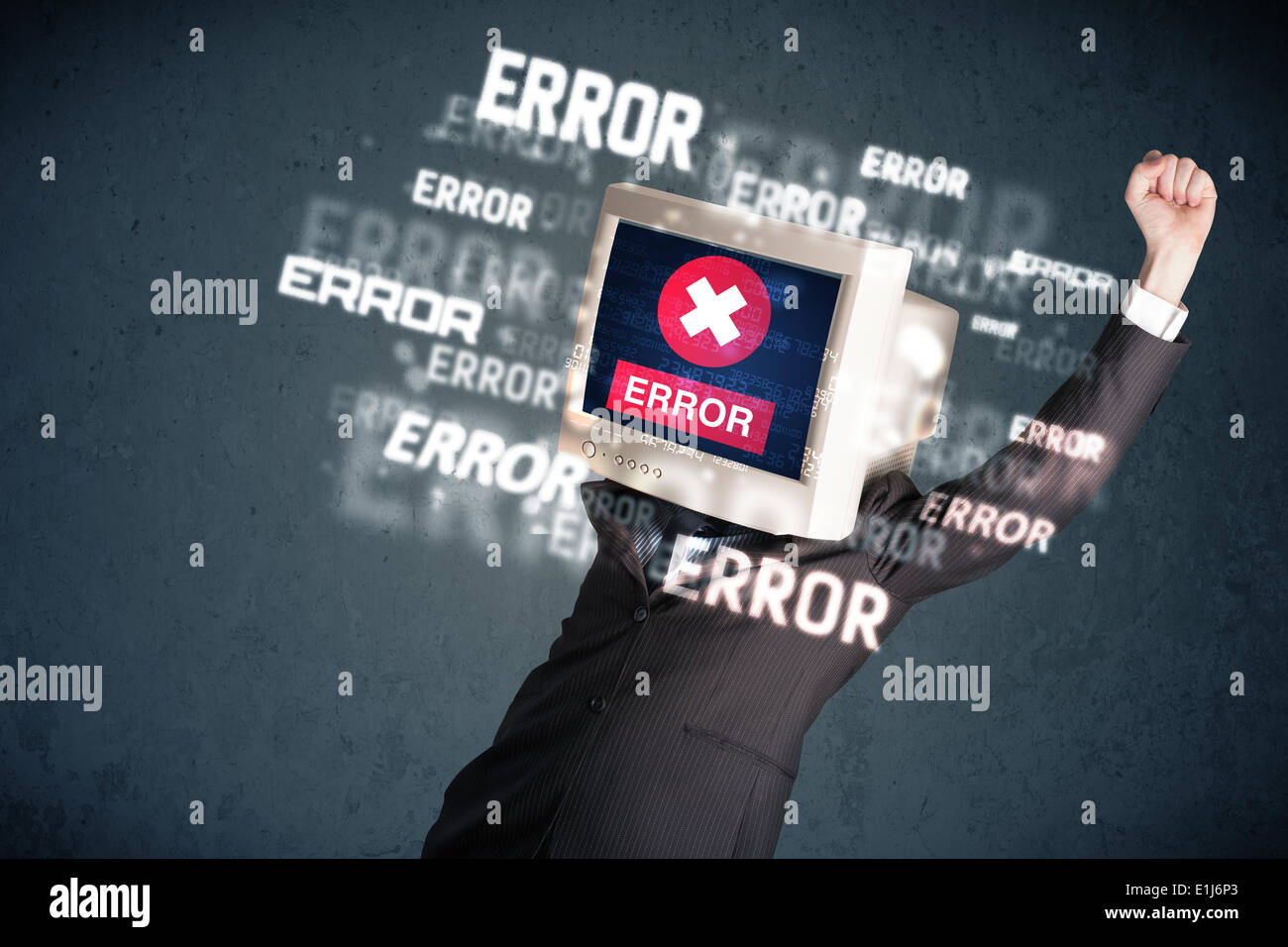 Business man with pc monitor on his head and error messages on the ...