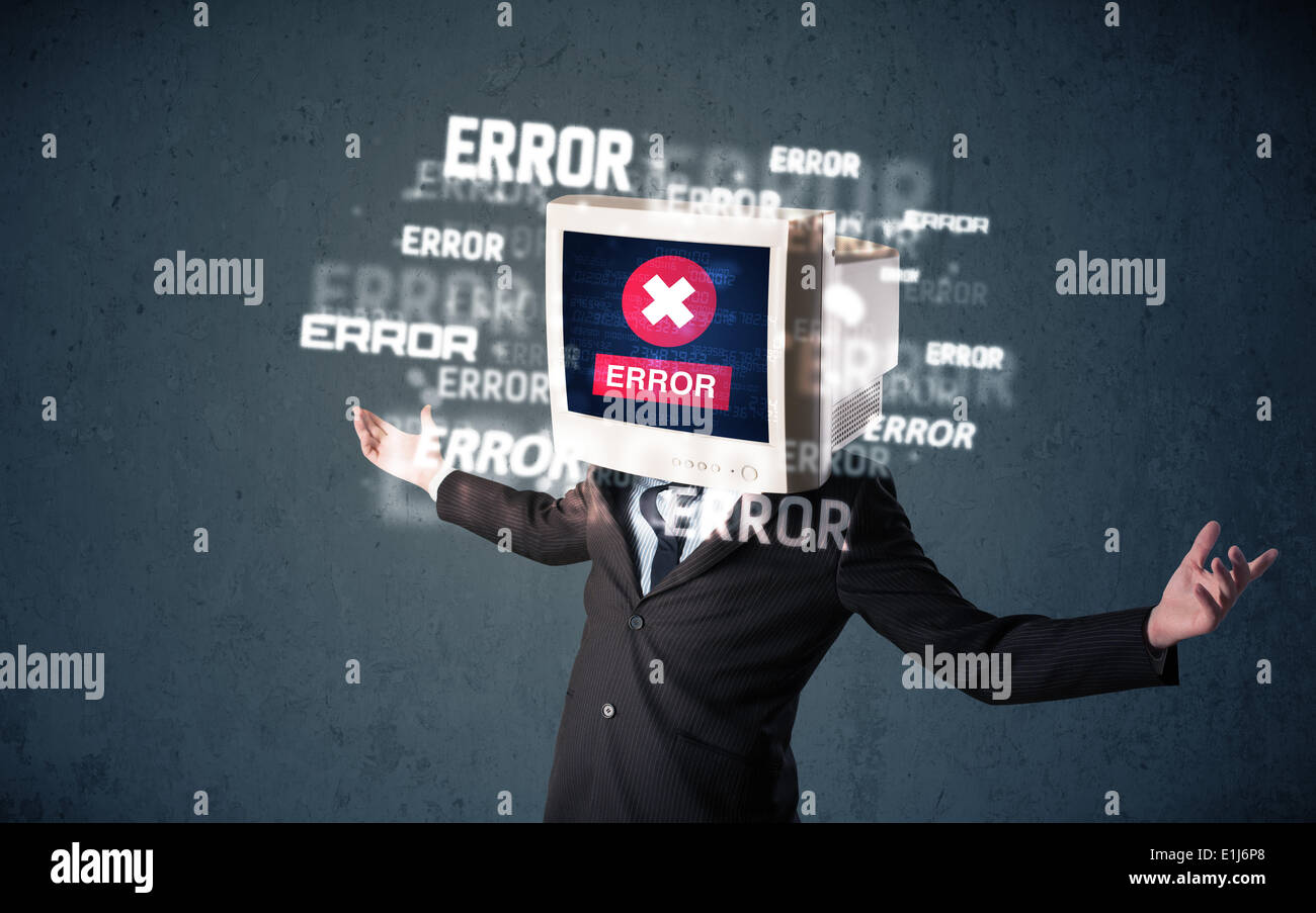 Business man with pc monitor on his head and error messages on the ...