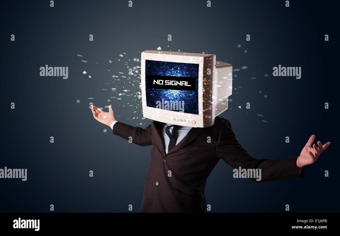 Man with a monitor head, no signal sign on the display Stock Photo - Alamy