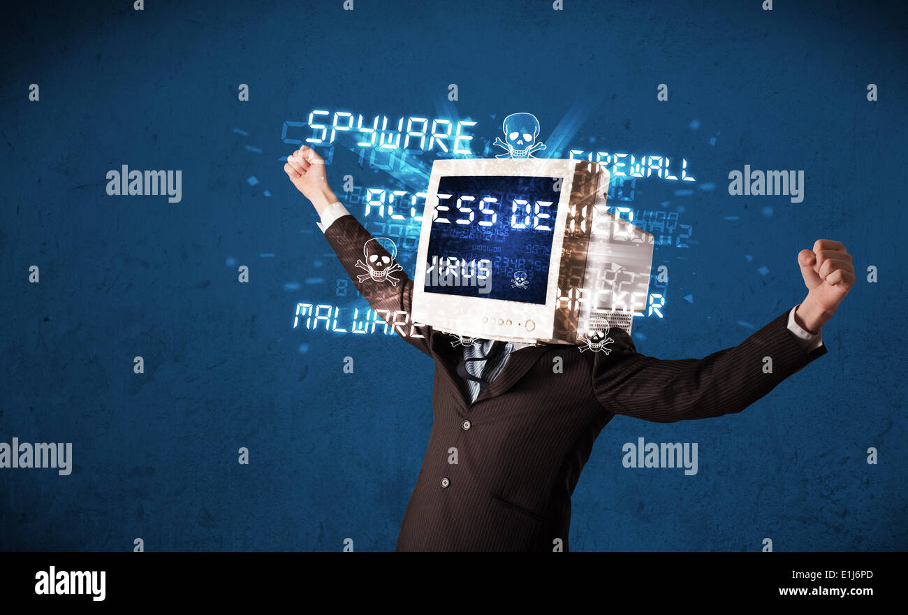 Monitor head person with hacker type of signs on the screen Stock Photo ...