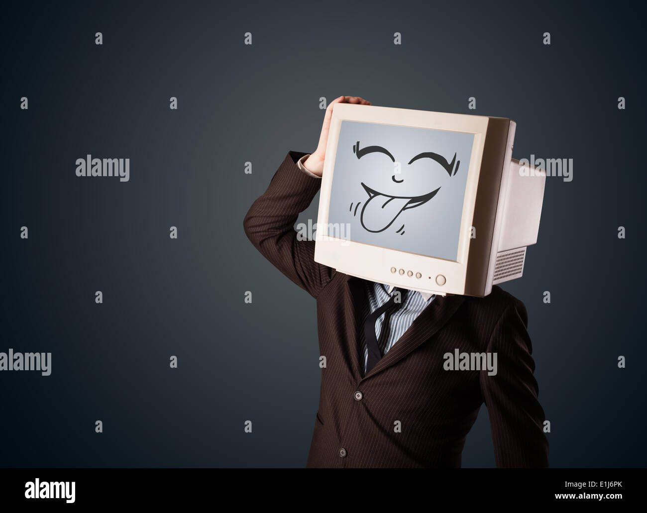 Happy business man with a computer monitor and a smiley face Stock ...