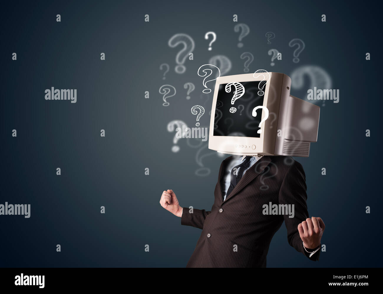 Businessman with a computer monitor head and question marks Stock Photo ...