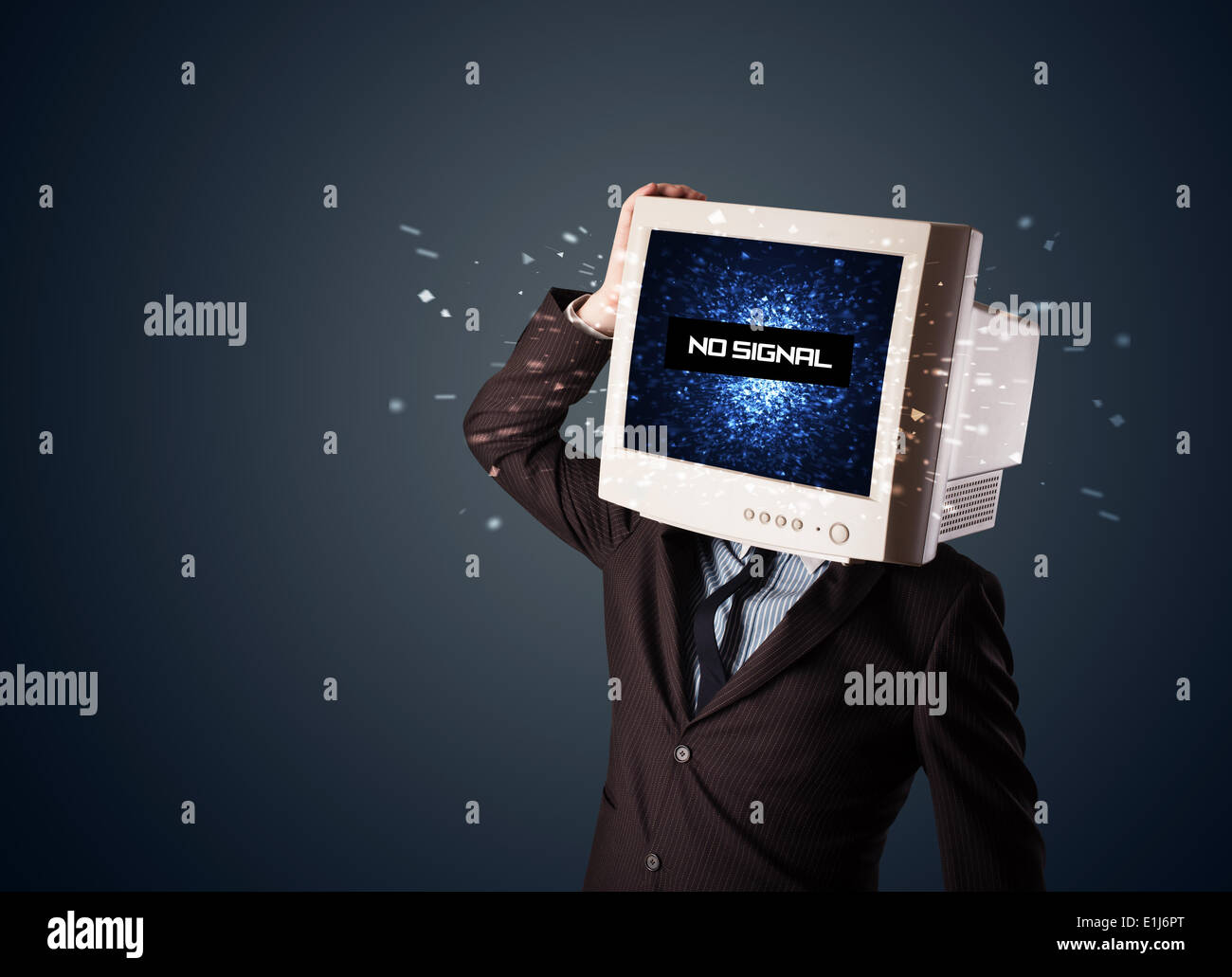 Man with a monitor head, no signal sign on the display Stock Photo - Alamy