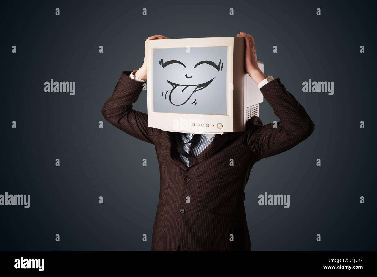 Happy business man with a computer monitor and a smiley face Stock ...